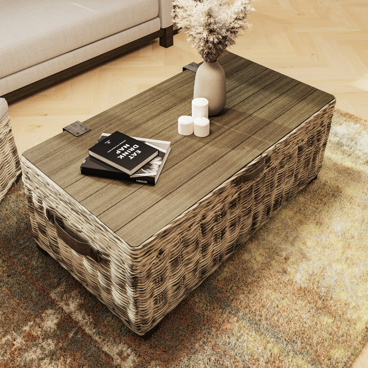 Aliyaha Handmade Kubu Rattan Coffee Table. Lift Top Ottoman Storage. Lined Interior